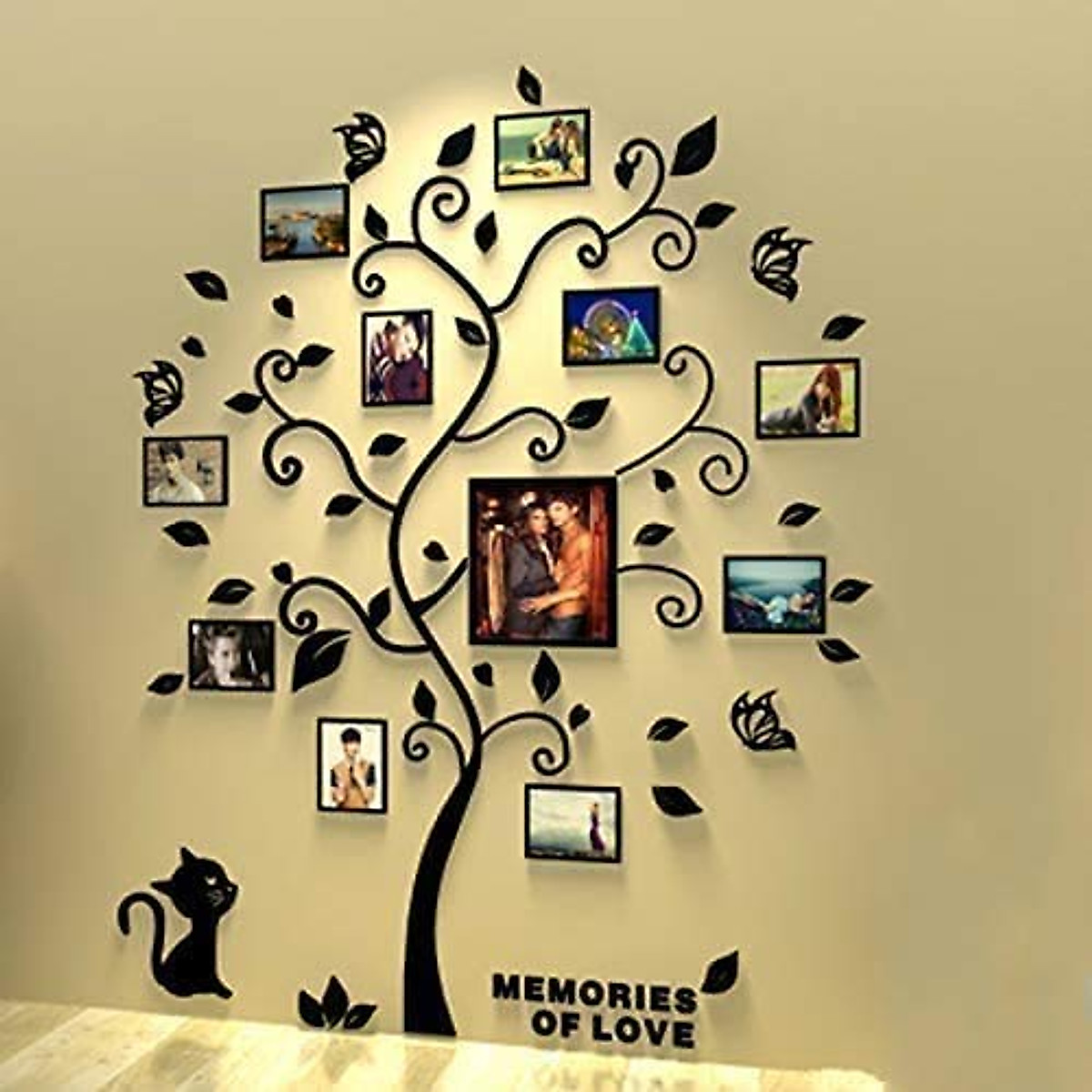 3D Black Trunk Leaves Wall Stickers Happy Family Tree Decal DIY Decor Sticker with Four DIY Vertical Bars Photo Frames (Black, M)
