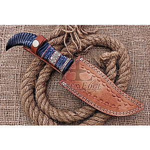 HUNTEX Unique Custom Handmade Hand Forged Ladder Pattern Damascus Steel 12.5 Inch Long Full Tang Buffalo Horn Handle Razor Sharp Hunting Camping Hunter's Gut Hook Knife with Genuine Leather Sheath