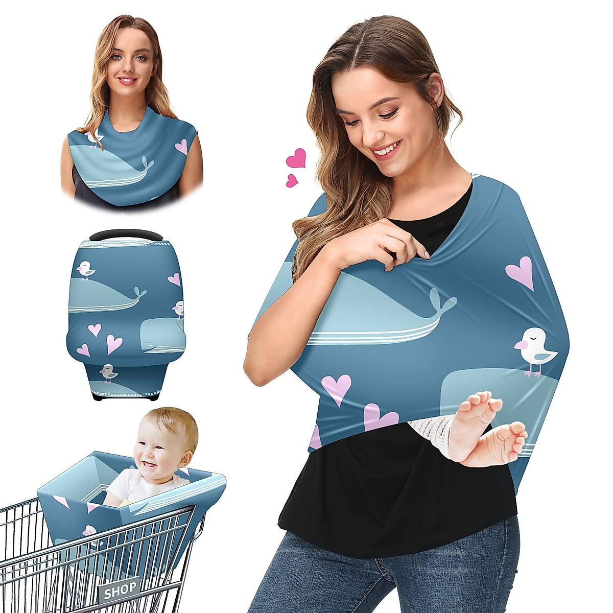 Baby Car Seat Stroller Covers Cute Whale Birds Nursing Cover Breastfeeding Scarf Soft Breathable Stretchy Infant Car Canopy Coverage Carseat Cover for Boys and Girls Multi Use