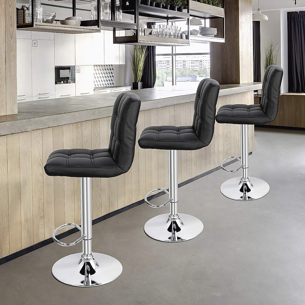 SUPER DEAL Set of 4 Bar Stools for Kitchen, Modern PU Leather Swivel Adjustable Counter Height Swivel Stool with Square Back (4, Black)