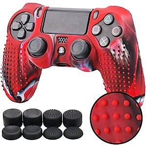 YoRHa Studded Silicone Cover Skin Case for Sony PS4/slim/Pro Dualshock 4 Controller x 1(Camouflage red) with Pro Thumb Grips x 8