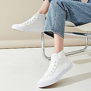 Moudki PU Leather High Top Sneakers for Women, Black and White Casual High Top Shoes, Lace up Women's Fashion Sneakers (Water Resistant)(White,US10.5)