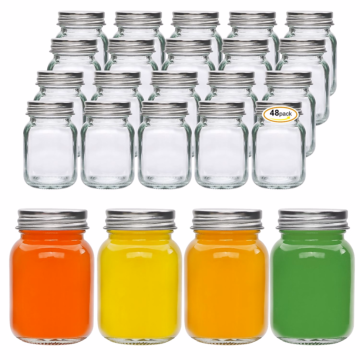 Accguan 2oz Mason Jars,Ginger Shots Bottles with Silver Lids,Glass Yogert Jars,Candle Jar,Honey,Jam,Jelly,Spice,Wedding Favors,Shower Favors(48pcs)