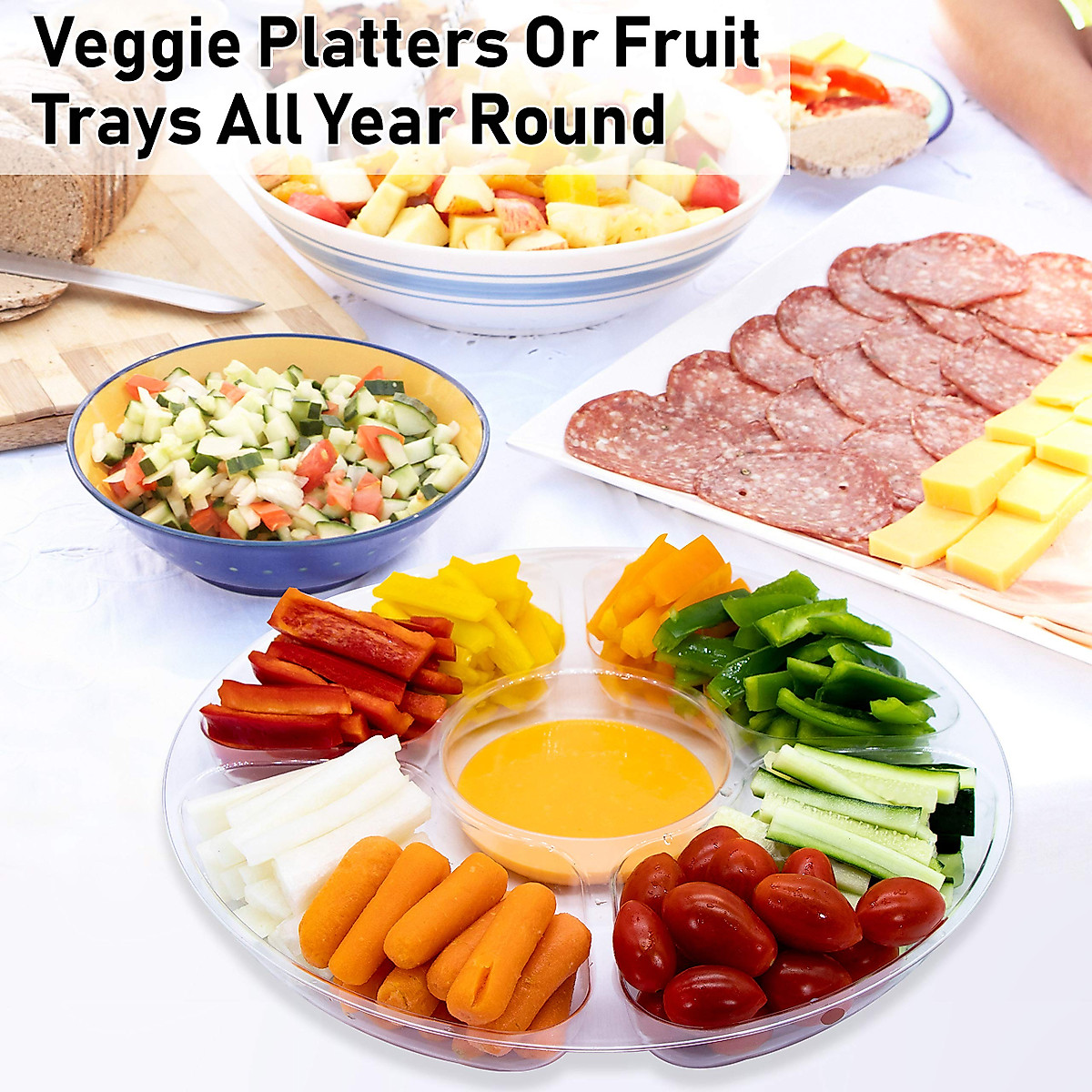 Upper Midland Products 12" Plastic Round Party Serving Tray 5 Compartments 6 Pk Clear Fruits Veggies BPA Free