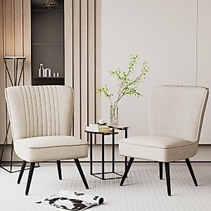 Alunaune Accent Chair Set of 2 Upholstered Living Room Chairs Modern Bedroom Furniture Sets Armless Slipper Club Chair Guest Reception Couch Comfy Wingback Single Sofa-Ivory
