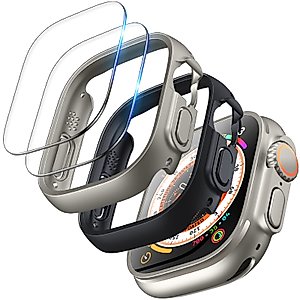 TOCOL 2 Pack for Apple Watch Ultra 2/Ultra Case 49mm + 2 Pack Tempered Glass Screen Protector for iWatch, [10X Military-Grade Shockproof], Anti-Scratch, Ultra Thin, Bubble Free, Black+Original