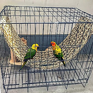 Bird Seagrass Mat,Natural Seagrass Woven Net Bird Foraging Chew Wall Toys Parakeet Hammock Mat with Hooks for Lovebird Cockatiel Conure Budgie,Size 28.3" X 6.7" and 11.81" X 11.81"(2 Pcs)