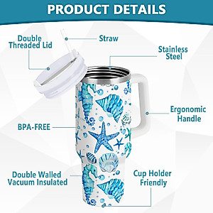 YKZEYK Blue Seahorses Starfish 40 OZ Tumbler with Handle And Straw Insulated Tumblers Coffee Mug Travel Cup Stainless Steel Tumblers Tumbler