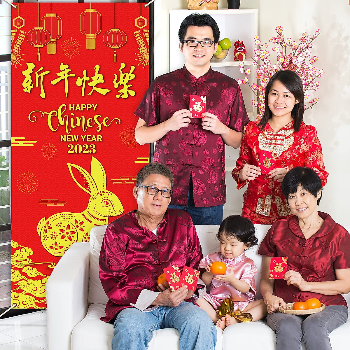 Chinese New Year Door Cover Happy 2023 Rabbit New Year Photography Backdrop Spring Festival Door Hanging Covers Outdoor Sign for Home Wall Indoor Outdoor Party Holiday New Year Eve