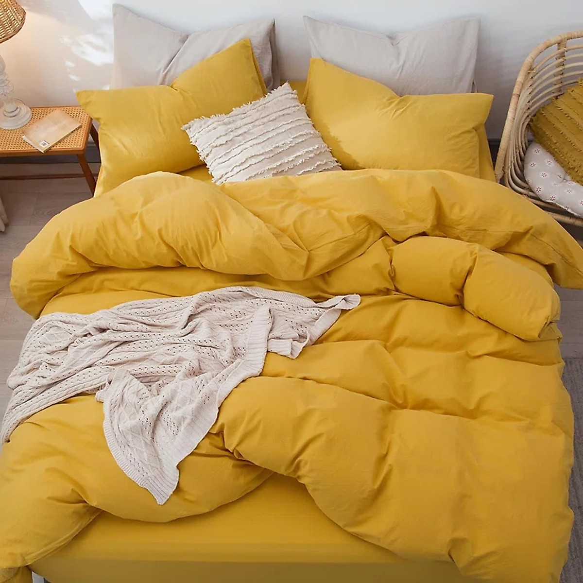 Generic Mustard Yellow Cotton 100% Duvet Cover Boho Duvet Cover Stonewashed Cotton Bedding Soft Cotton Queen King Cotton Bedding Euro Custom Cottonduvet Duvet Cover Set (Queen 90X90), BE-CR- 0005