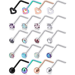 Hoeudjo 18G Opal Nose Rings Surgical Steel Nose Ring Studs L Shaped Heart CZ Inlaid Piercing Jewelry for Women Men Girls 20 Pieces Silver-tone Black Rose Gold 2mm