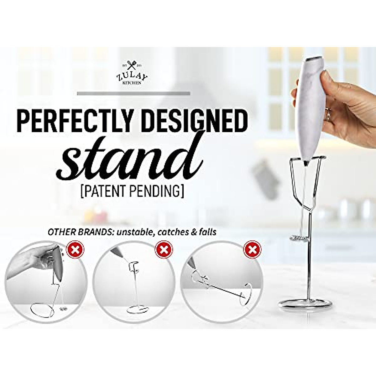 ULTRA HIGH SPEED MILK FROTHER For Coffee With NEW UPGRADED STAND - Powerful, Compact Handheld Mixer with Infinite Uses - Super Instant Electric Foam Maker with Stainless Steel Whisk by Zulay (Marble)