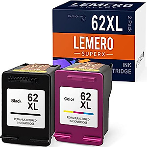 62xl ink cartridge LemeroSuperx 62XL Remanufactured Ink Cartridge Replacement for HP 62 62XL work for OfficeJet 5740 8040 5741 Envy 7640 5660 5540 7645 OfficeJet 200 250 (1 Black, 1 Tri-color, 2-Pack)