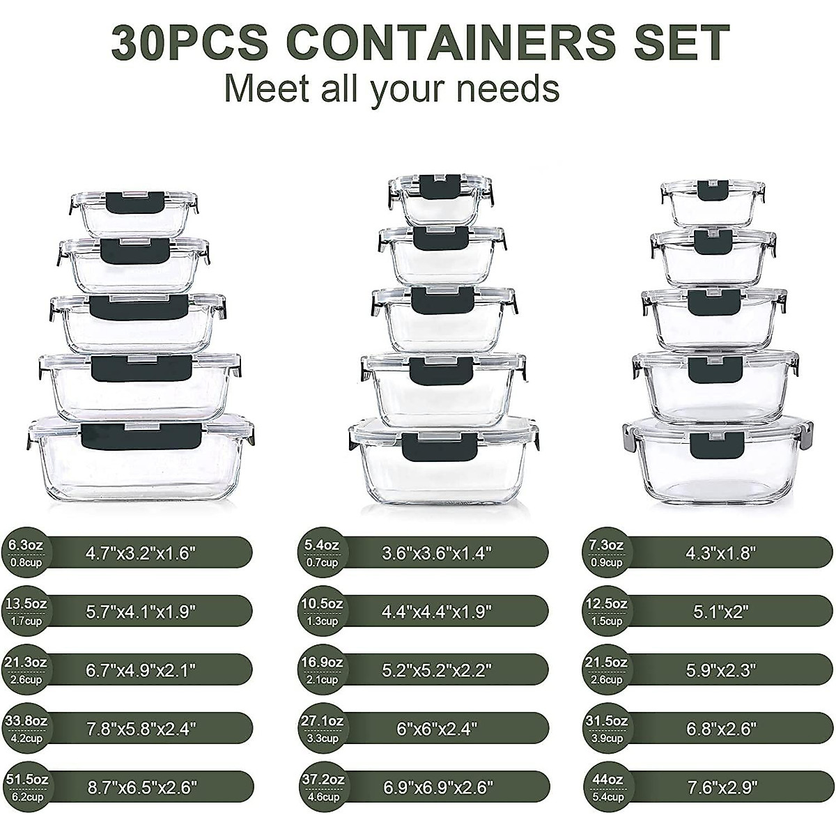 KOMUEE 30 Pieces Glass Food Storage Containers Set and 10 Packs 30 oz Glass Meal Prep Containers 2 Comparment, Airtight and BPA-Free