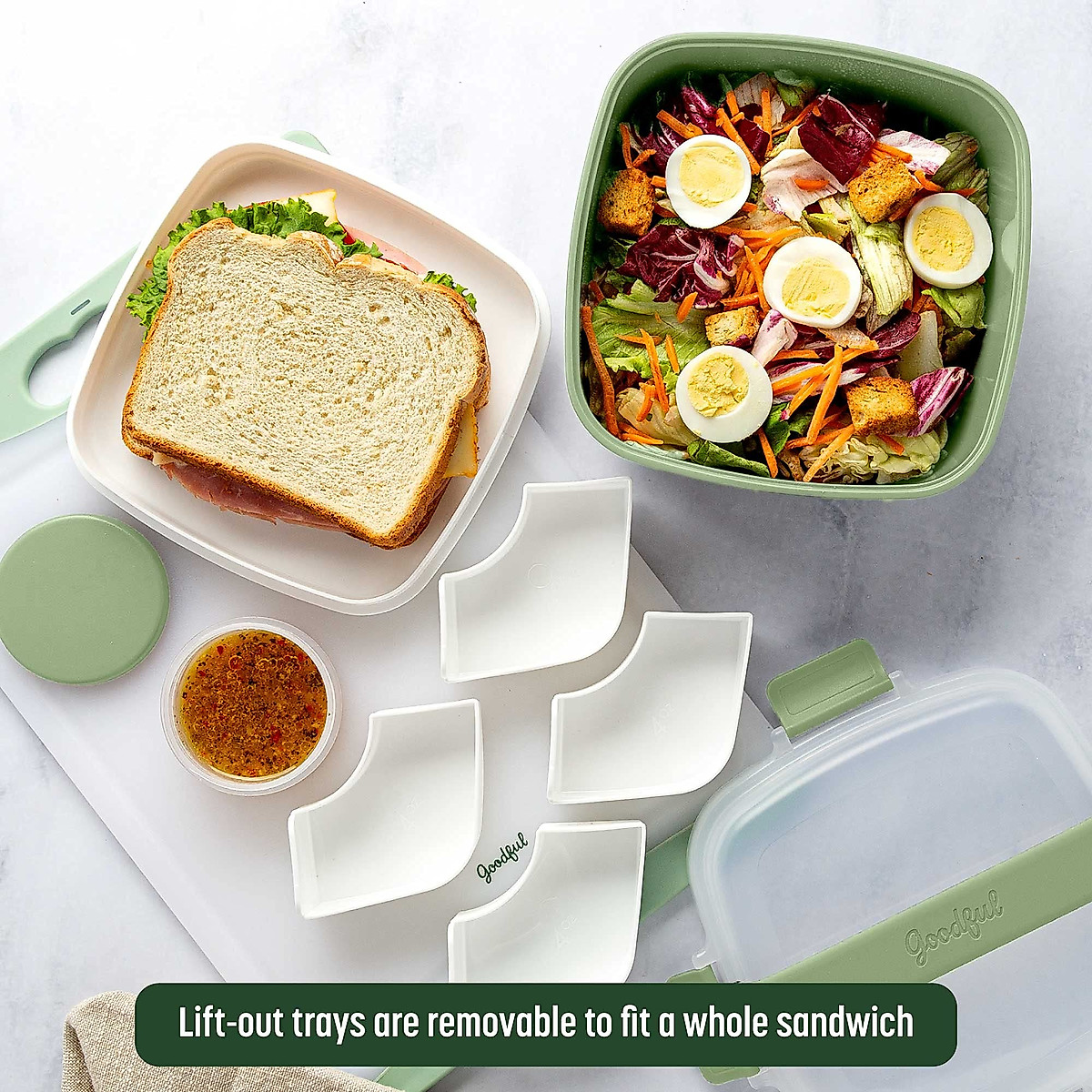 Goodful Stackable Lunch Box Container, Bento Style Food Storage with Removeable Compartments for Sandwich, Snacks, Toppings & Dressing, Leak-Proof and Made without BPA, 56-Oz, Green