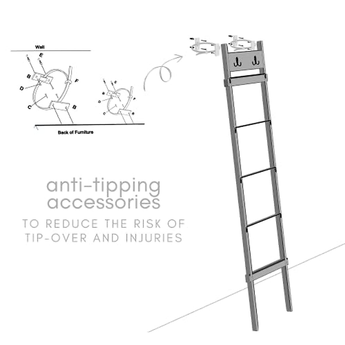 iltokk Wooden Blanket Ladder: 6ft Wall Leaning Blanket Ladder, Rustic Decorative Quilt Ladder, 4-Tier Farmhouse Blanket Ladder with 2 Hanging Hooks, for Bedroom, Brown