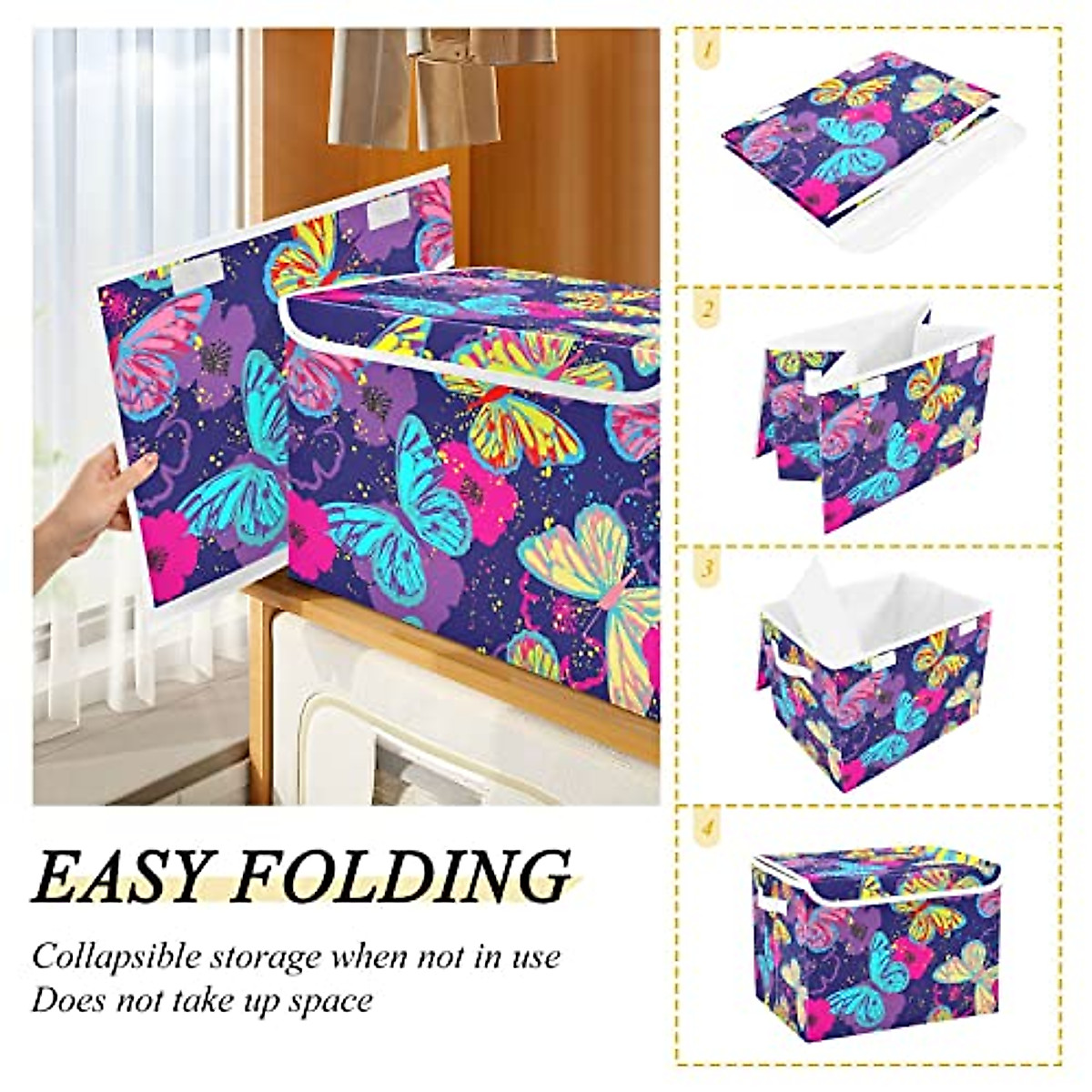 innewgogo Butterflies Painting Storage Bins with Lids for Organizing Collapsible Storage Cube Bin with Handles Oxford Cloth Storage Cube Box for Car