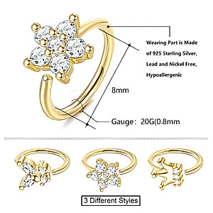Drperfect 3Pcs 925 Sterling Silver Pin Nose Ring Hoop Paved CZ Flower Butterfly Crown Cartilage Earring for Women Men Ear Piercing Nose Piercing Hoop Body Piercing Jewelry