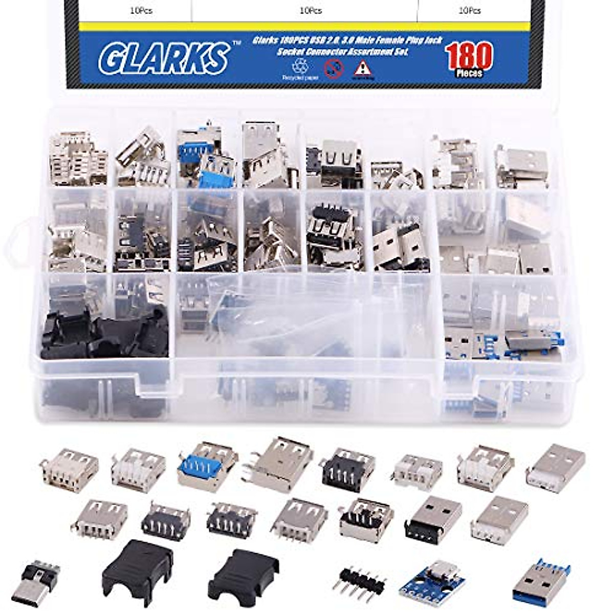Glarks 180PC USB Connector Kit - Repair & DIY Adapter Set