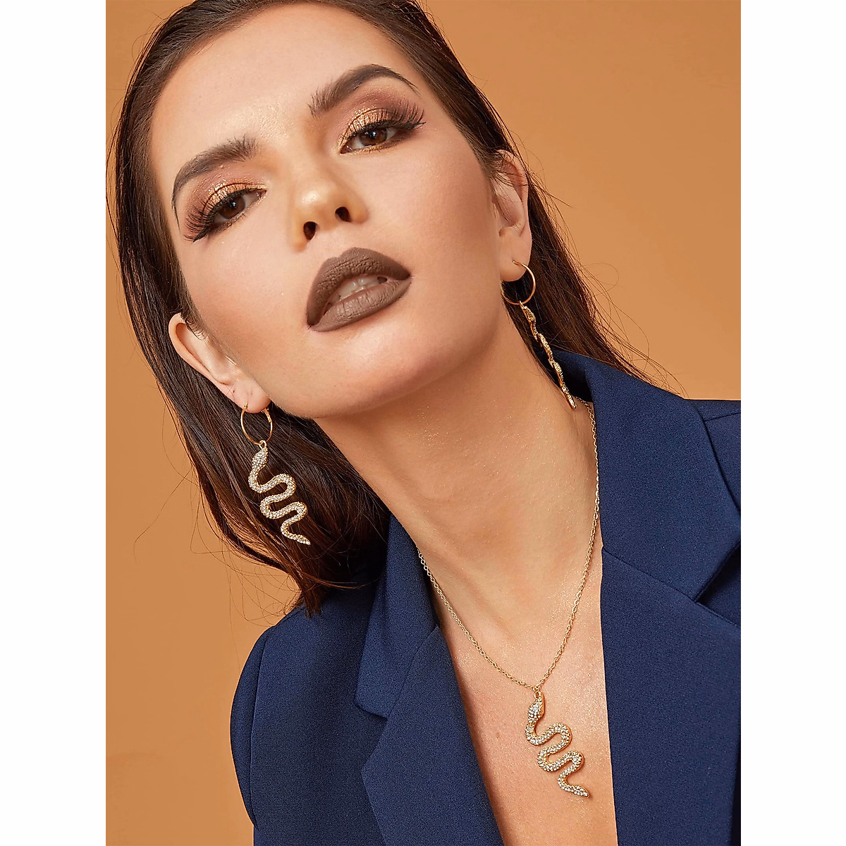 Balirek Snake Earring & Necklace 14K Gold Plated Dangle Earrings Personalized Punk Animal Hypoallergenic Fashion Rhinestone Ear Jewelry Set for Women