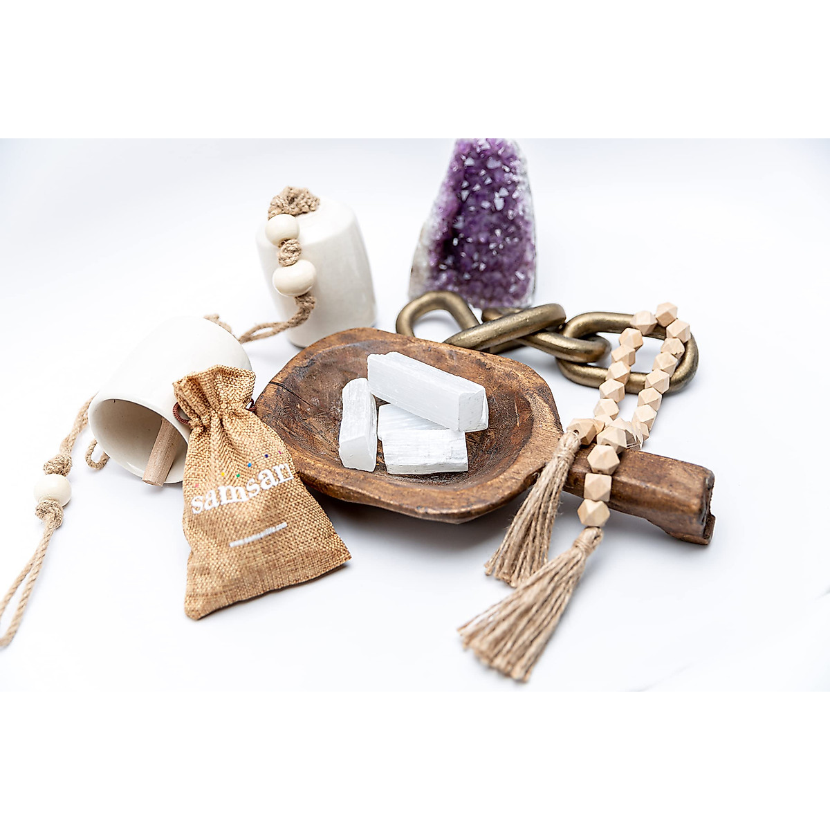 SAMSARI 2 Pcs Natural Raw Selenite Stones with Carry-On Crafted Fabric Bag for Wicca, Reiki & Crystal Healing