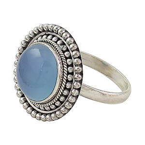 NOVICA Artisan Handmade Blue Chalcedony Cocktail Ring Round Sterling Silver India Gemstone [ring Front 0.3 in H x 0.9 in Diam. Band Width 3 mm W] ' Azure Skies'