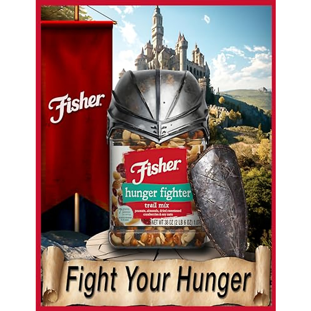 Fisher Snack Hunger Fighter Trail Mix, 38 Ounces, Peanuts, Almonds, Dried Sweetened Cranberries, Soy Nuts