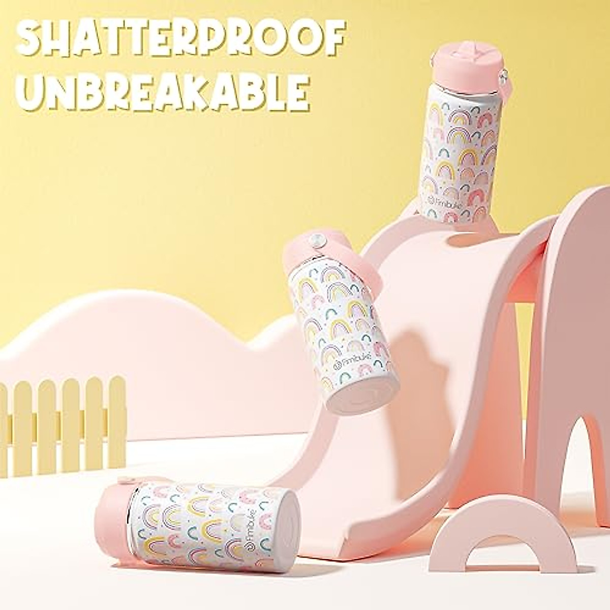 Fimibuke Kids Insulated Water Bottle - 14oz BPA-FREE Double Wall Vacuum Tumbler 18/8 Stainless Steel Leak Proof Kids Cup with Straw Metal Water Bottle for School Boy Girl (2 Pack, RAINBOW+MERMAID)