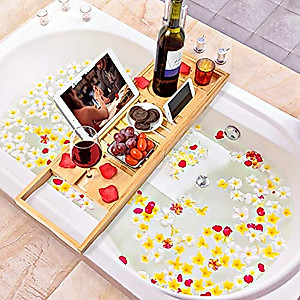 Bamboo Bathtub Trays Bath Table Expandable Luxury Caddy Tray with Extending Sides, Cellphone,Book,Tray and Wineglass Holder- Gift Idea for Loved Ones