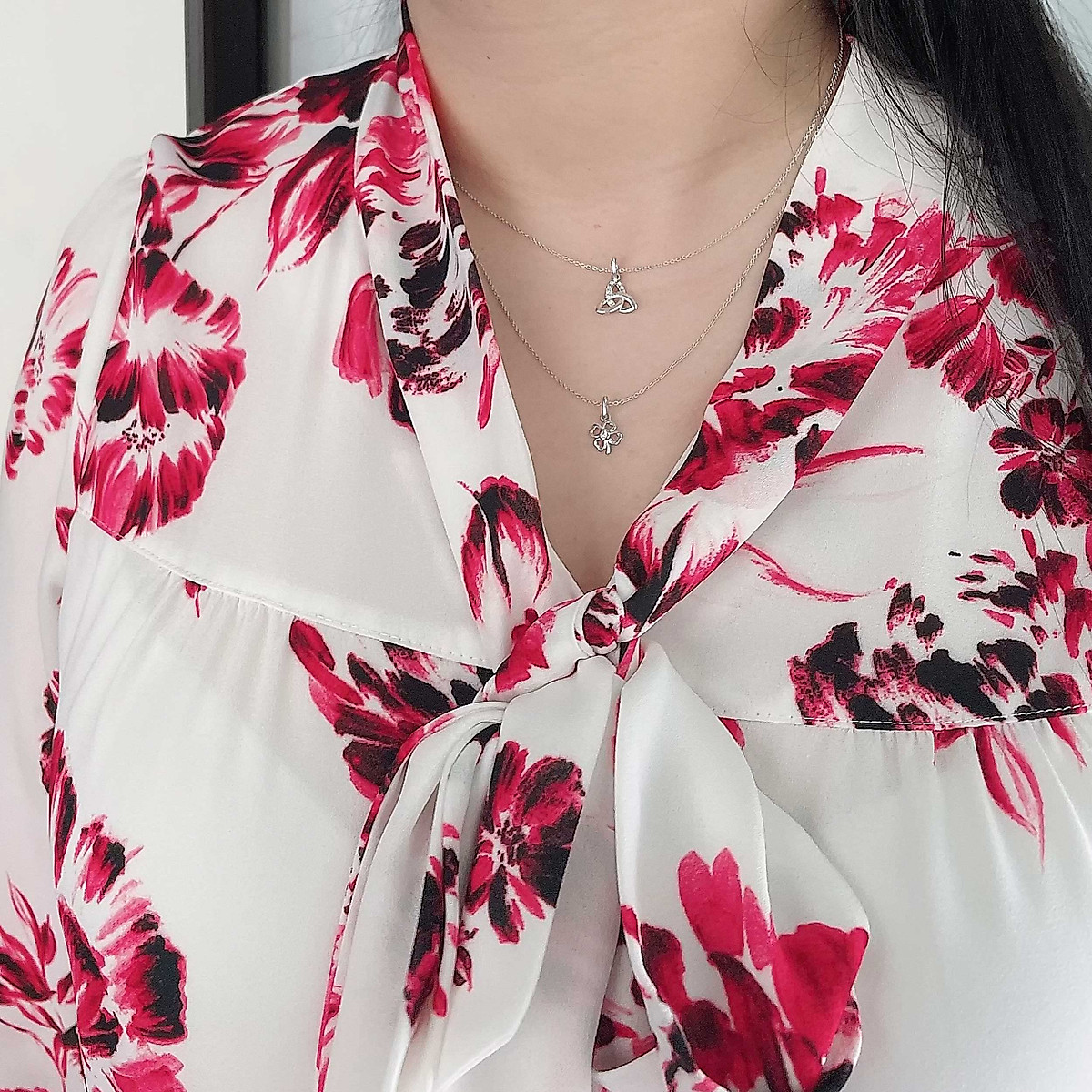 Dainty Four Leaf Clover and Celtic Trinity Knot Layered 1/20 Cttw Natural Diamond Pendant Necklace set in 925 Sterling Silver