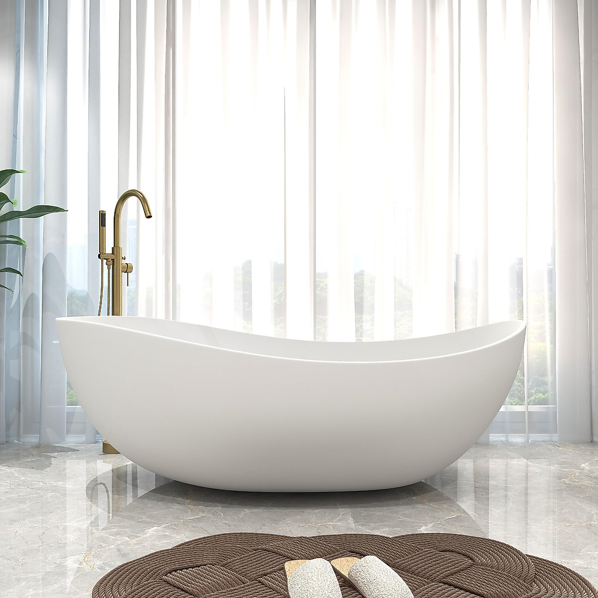 Weibath Freestanding 71 Inch Oval Bathtub Stone Resin Soaking Bathtub with Center Drain (Matte White)