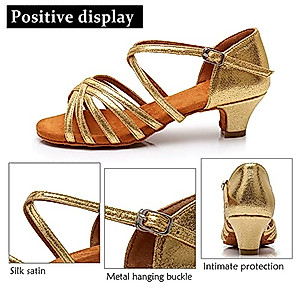 DKZSYIM Girls&Women's Satin Latin Dance Shoes Professional Ballroom Salsa Practice Performance Dancing Shoes, WH-BDJ-Gold,13.5 M Little Kid