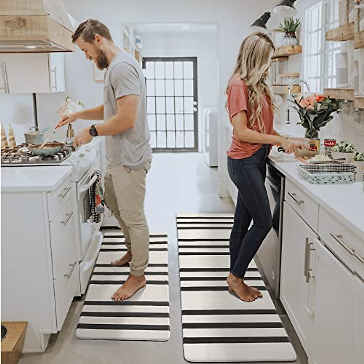 FRESHMINT Farmhouse Stripe Anti-Fatigue Kitchen Mat Set of 2, Cushioned Foam Kitchen Mats for Floor, Waterproof Non Slip Comfort Mat, Modern Kitchen Rug for Kitchen Decor, Sink, Laundry, Office