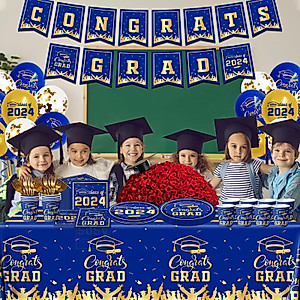 Graduation Decorations Class of 2024 Tableware Kit Blue and Gold Congrats Grad Plates and Napkins Disposable Graduation Party Supplies for Graduation Party Decorations (Blue)
