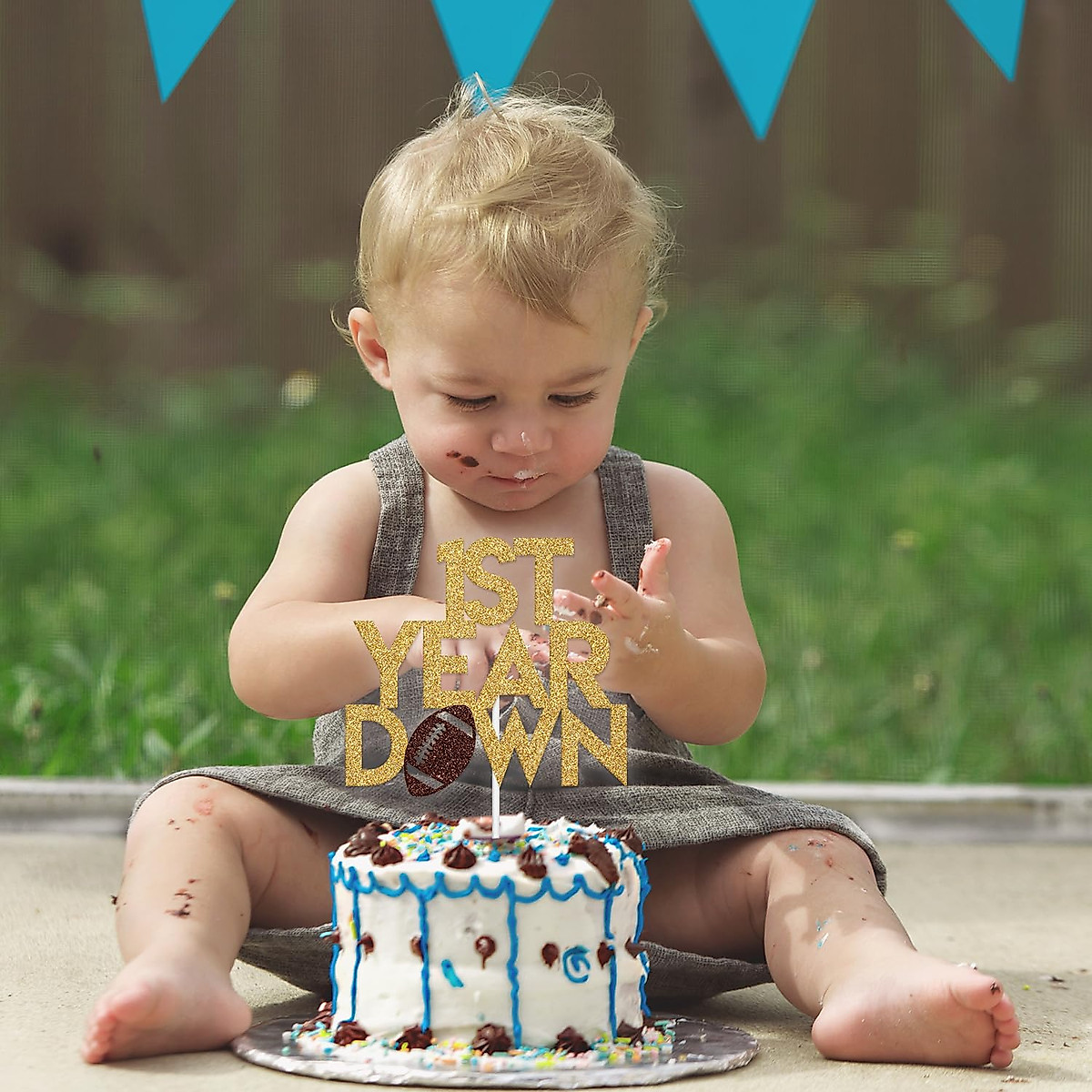 Jenrtvis Happy 1st Birthday Cake Topper, Football Fans 1st Year Down Birthday Cake Decorations, Glittery Sports Themed 1st Birthday Party Supplies