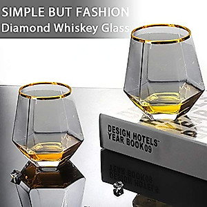 Diamond Whiskey Glasses, 4 PCS Rocks Glasses Gold Banded Cocktail Drinkware for Rum, Scotch or Wine Glasses, Tumblers Old Fashion Elegant Glass Unique Christmas New year Father's Day Gifts (Gray)