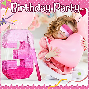 Number piñata Number Birthday piñata Decorations Gradient Pink piñata with Stick Blindfold Confetti for Girls Boys Birthday Anniversary Party Decorations Supplies (Number 3)