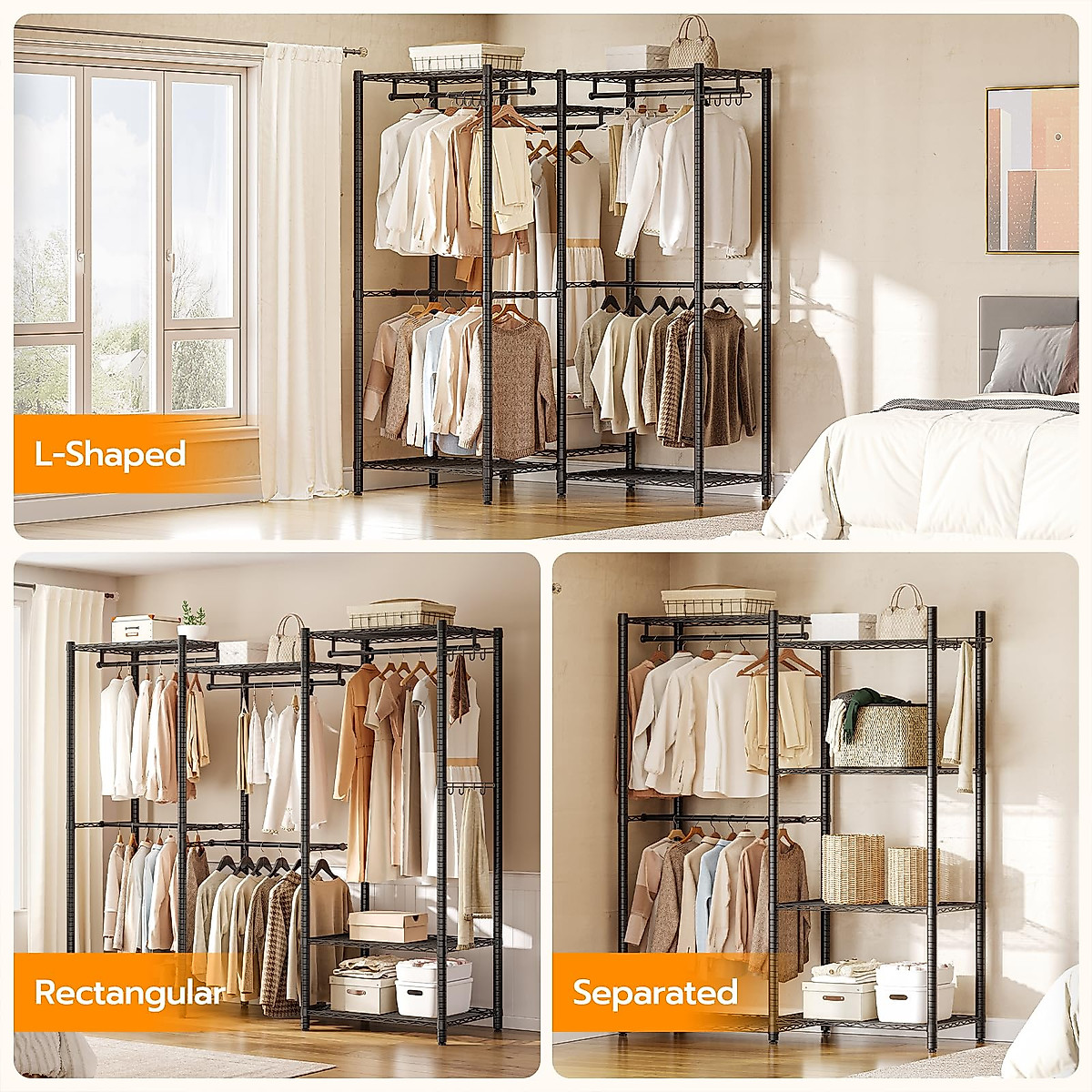 HOOBRO Heavy-Duty Clothes Rack, Freestanding 6-Tier Closet Organizer, Metal Clothing Rack with Shelves and Hanger Rods, Multi-Functional Bedroom Garment Rack, Max Load 800 lb, Black BK03LY01