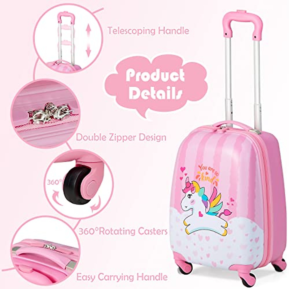 BABY JOY 2 Pcs Kids Luggage Set, 16" Toddlers Carry-on Suitcase & 12" Backpack Set, Children Travelling Case w/ 4 Casters, Retractable Handle, Lightweight Trolley Case for Boys Girls (Lovely Unicorn)