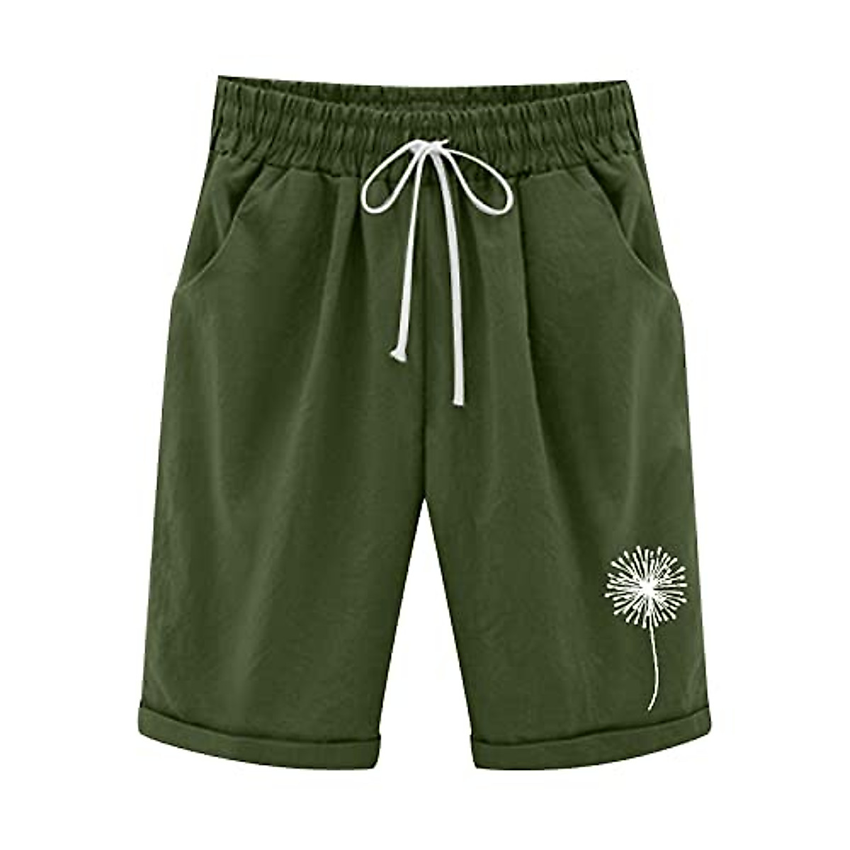 cooki Bermuda Shorts for Women Knee Length High Waisted Summer Lightweight Cotton Shorts Elastic Waist Shorts with Pockets Knee Length Shorts Women Bermuda Shorts for Women High Waisted Army Green