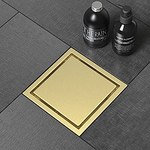WEBANG 4 Inch Shower Square Drain Gold Floor Drain with Flange Reversible 2-in-1 Cover Tile Insert Grate Removable SUS304 Stainless Steel CUPC Certified Brushed Gold Brass