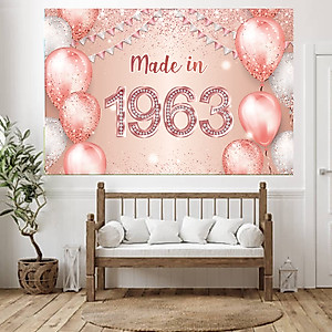 Made in 1963 Rose Gold Happy 60th Birthday Banner Cheers to 60 Years Old Backdrop Balloon Confetti Theme Decor Decorations for Women Pink Birthday Party Supplies Bday Background Glitter