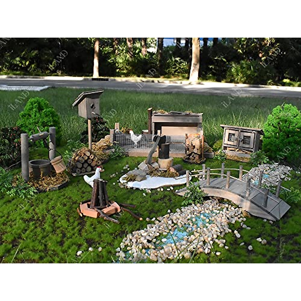 iland Fairy Garden Accessories incl Wooden Wishing Well & Ax w/ Firewood & Chicken Coop & Birdhouse & Mini Bridge, Nativity Scene on 1/12 Scale