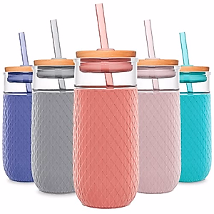 Ello Devon Glass Tumbler with Splash Proof Wooden Lid and Straw, Protective No Sweat Silicone Sleeve, Perfect for Smoothies and Iced Coffee, BPA Free, Dishwasher Safe, Multicolor, 18oz