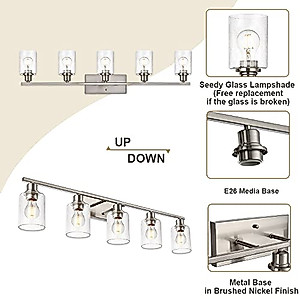 VINLUZ Modern 5 Light Wall Mounted Lighting in Brushed Nickel Finish Contemporary Bathroom Vanity Light Fixture with Seeded Glass Shade Over Mirror for Dressing Table Bedroom