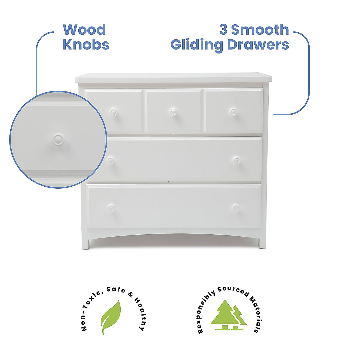 Delta Children 3 Drawer Dresser with Interlocking Drawers, Bianca White