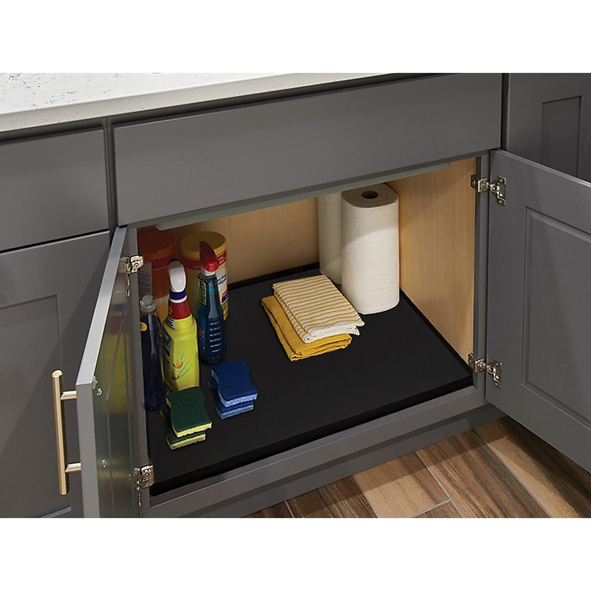 DELAM Under Sink Mat for 36" Cabinet, Hold Up to 3.3 Gallons, Silicone Waterproof Mat, Kitchen Cabinet liner, Under Sink Tray for Drips Leaks Spills, Flexible, No Slip, Easy to Clean, Black 34.25"x22"