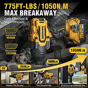 ALLOYPOWER Cordless Impact Wrench, 1050N.m(775Ft-lbs) High Torque impact gun,1/2 inch,20V Brushless Power Impact Wrenches,4.0Ah Battery, 4 Sockets, Electric Impact Driver for Car Tires