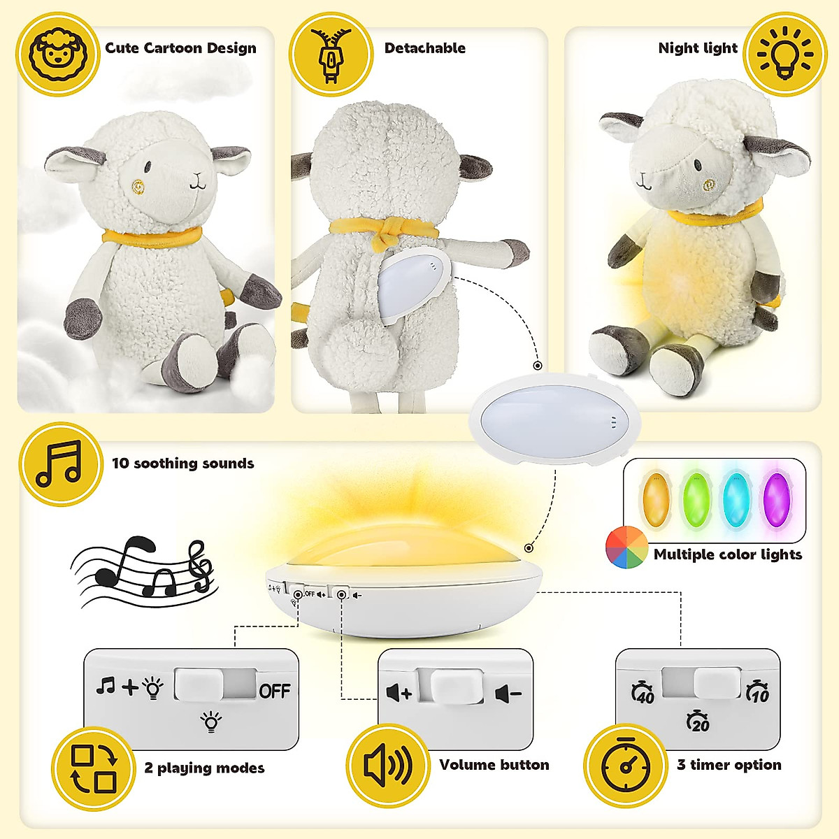 nicknack Baby Sleep Soother Toy Sheep Plush Toy Soft Stuffed Animal with Night Light & Soothing Sounds for Toddler Boys and Girls Gift