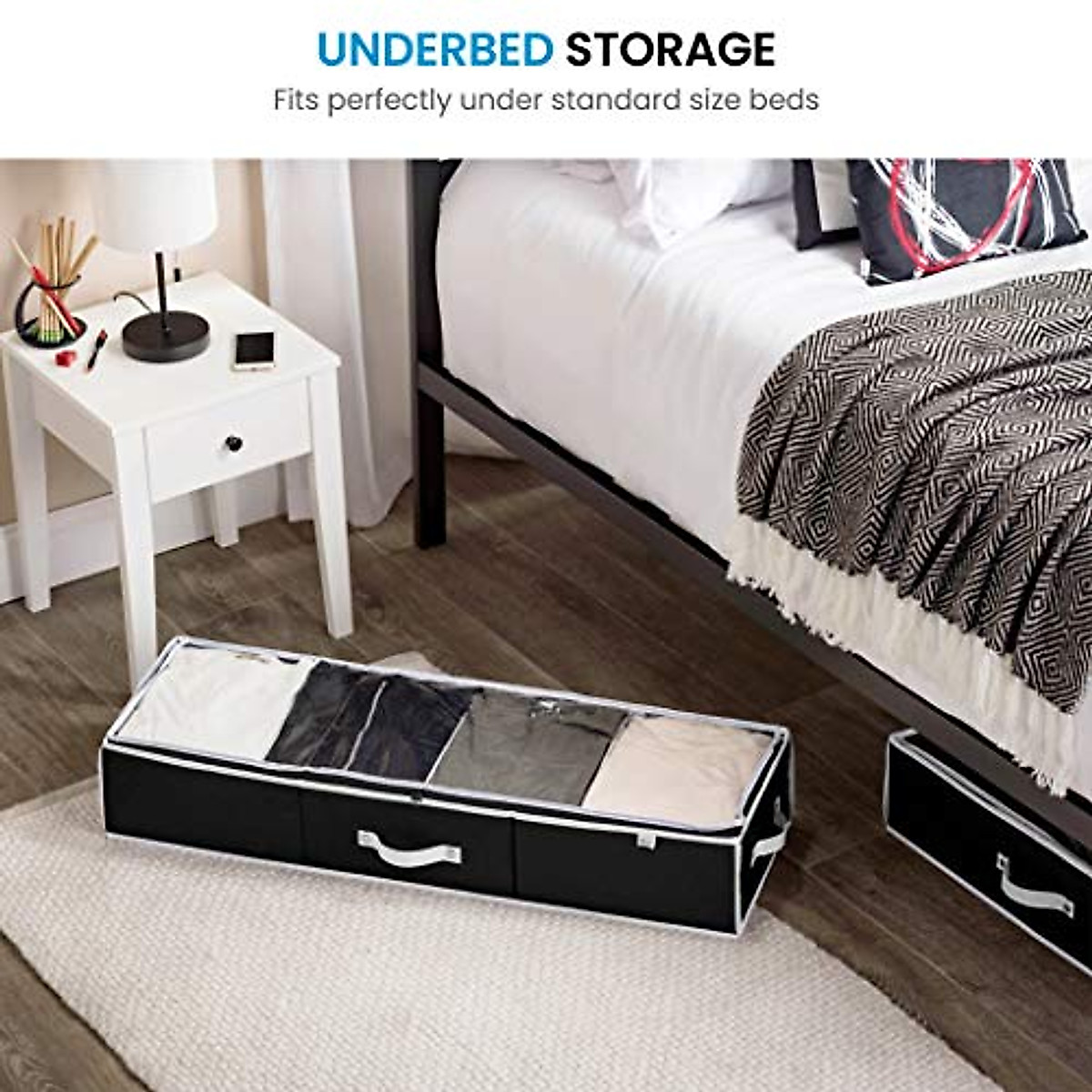 ZOBER Under Bed Shoe Storage Organizer (8 Pairs) Under Bed Storage for Shoes, Customizable Slots for Boots, Clothes Blanket/Comforter Underbed Shoe Storage Containers with Handles (Black)